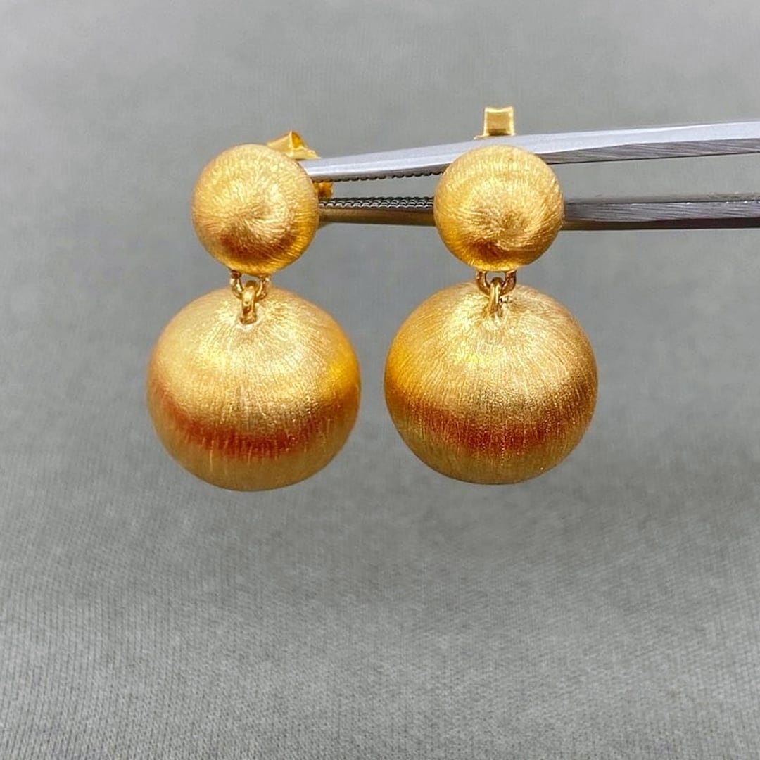 18k Gold Stud Boule Earrings • Gorgeous Brushed Finish • 12mm Ball ...