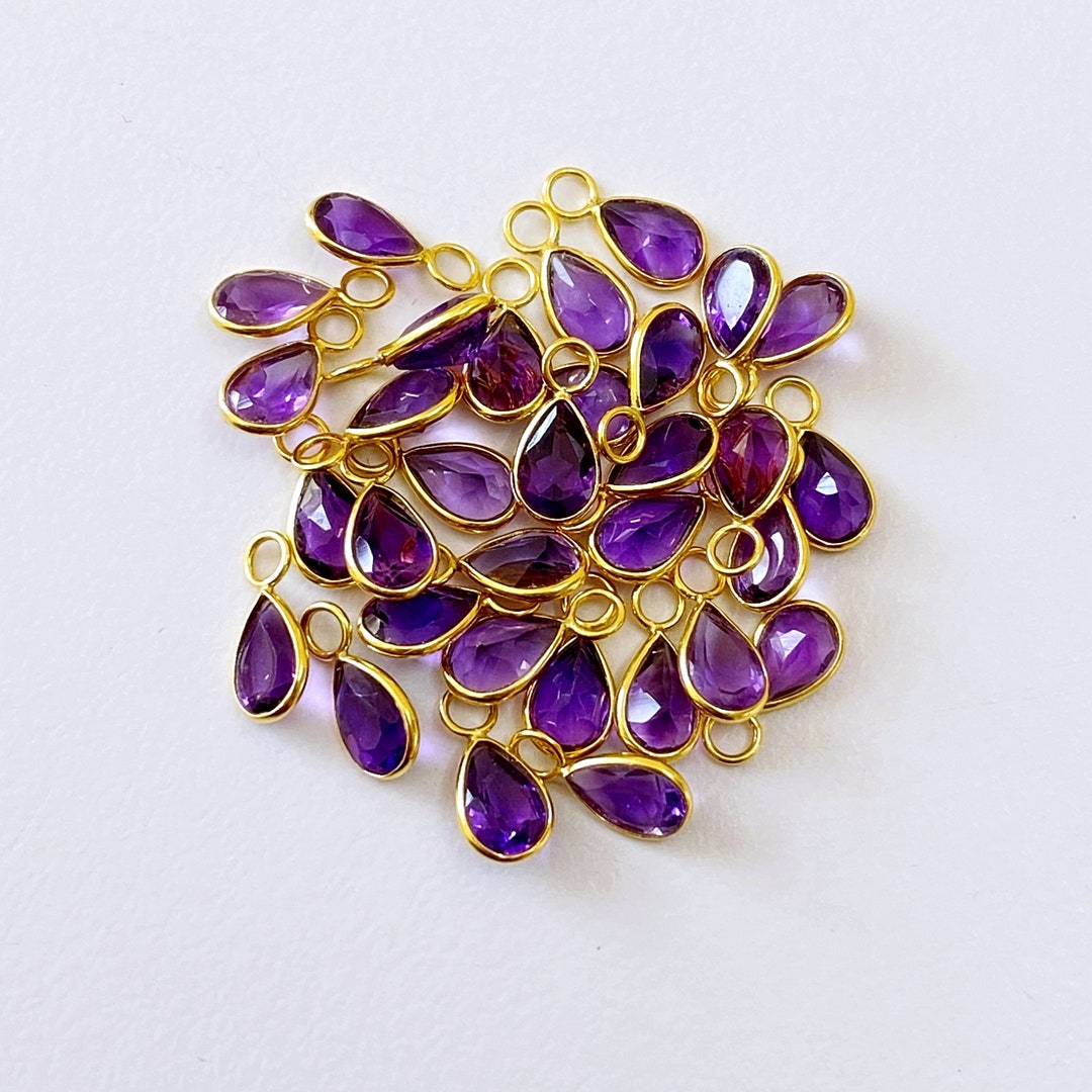 18k Gold Amethyst Tear Drop Charm for Earrings • 3mm Flat Ring With 2 ...