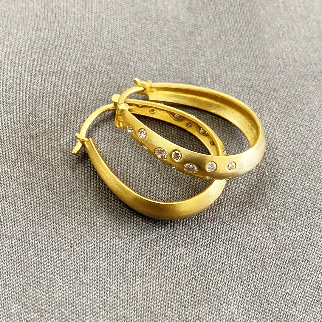 18k Gold Diamond Hoop Earrings • Solid 18 Carat Gold • Natural Diamonds ...