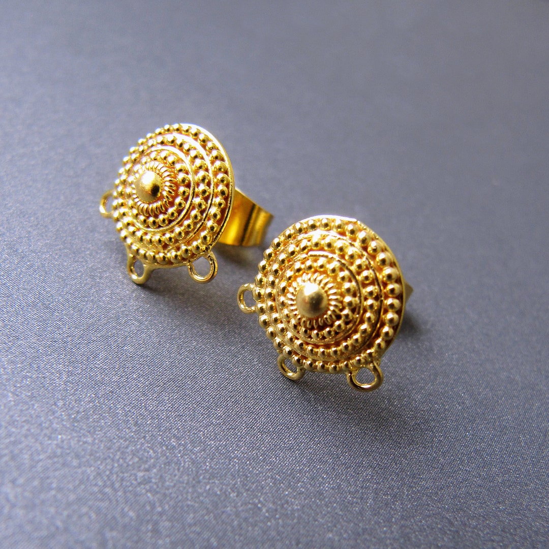 18k Gold Stud Earrings Components • 1 Pair • Chandelier With 3 Rings ...