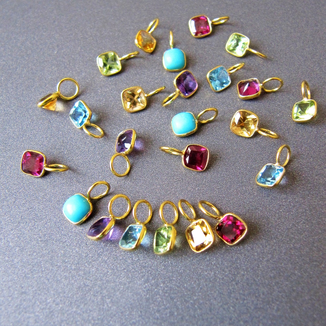 18k Gold Square Gemstone Charm • 4x4mm • 4mm Ring/3.25mm Hole • Natural ...