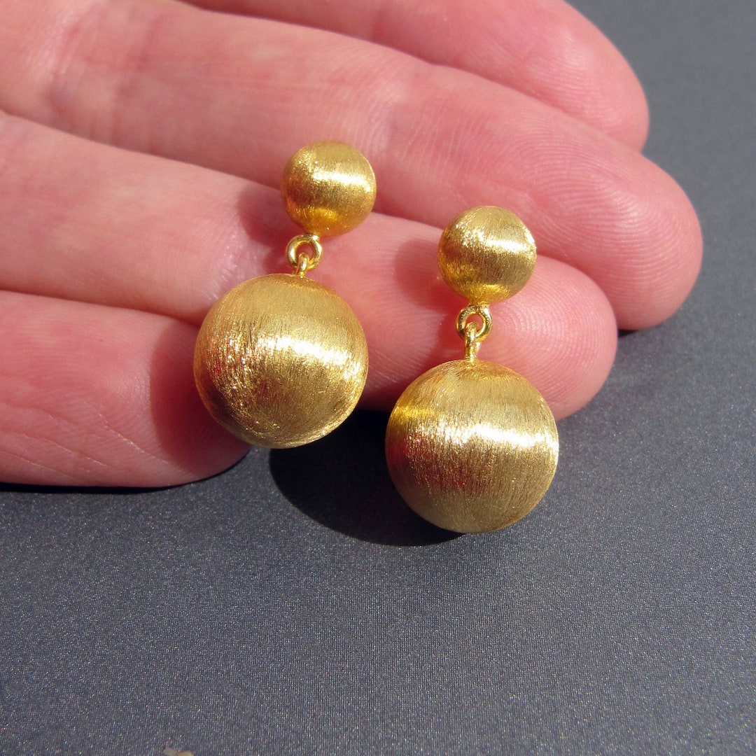 18k Gold Stud Boule Earrings • Gorgeous Brushed Finish • 12mm Ball ...
