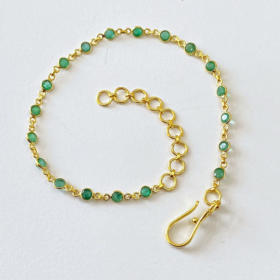18k Gold Emerald Chain Bracelet 8 Inches Adjustable 7''1'' Extender 3mm ...