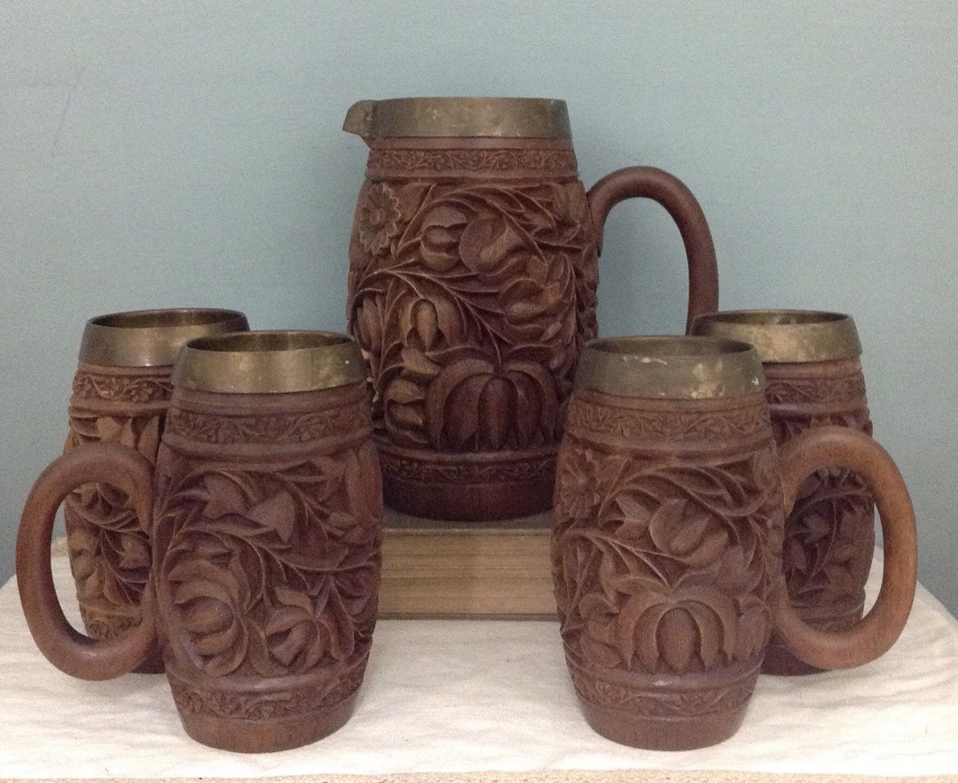 Carved Wood Pitcher and Mug Set Wood Stein Wood Mug Vintage Barware ...