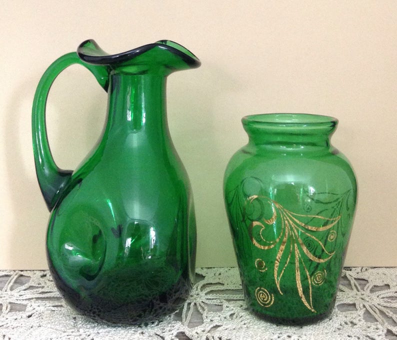 Emerald Green Glassware Green Thumbprint Glass Mid Century | Etsy
