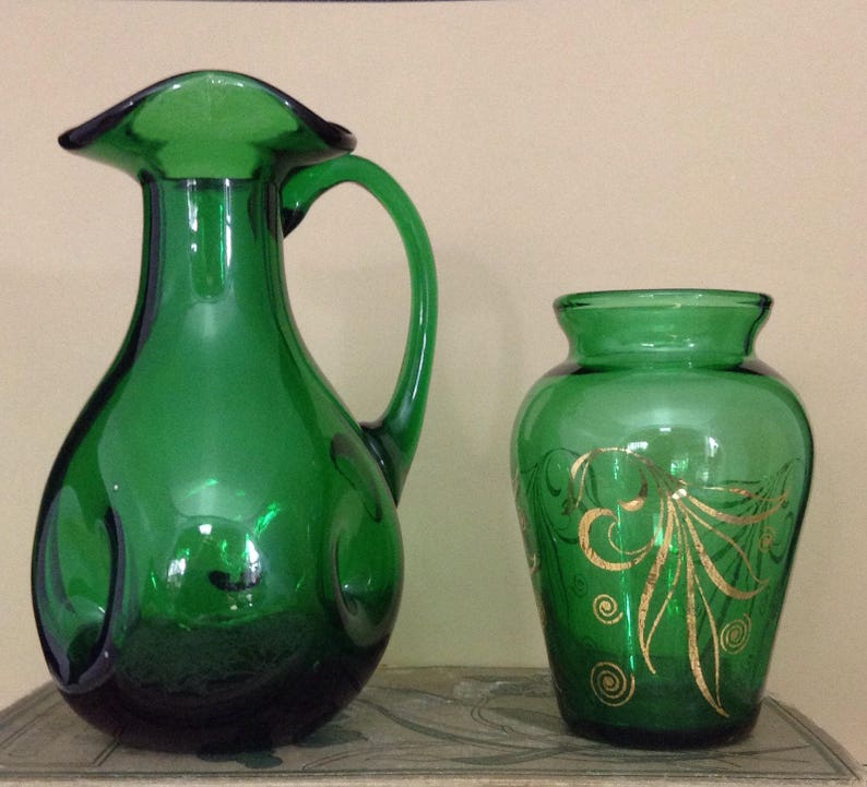 Emerald Green Glassware Green Thumbprint Glass Mid Century - Etsy