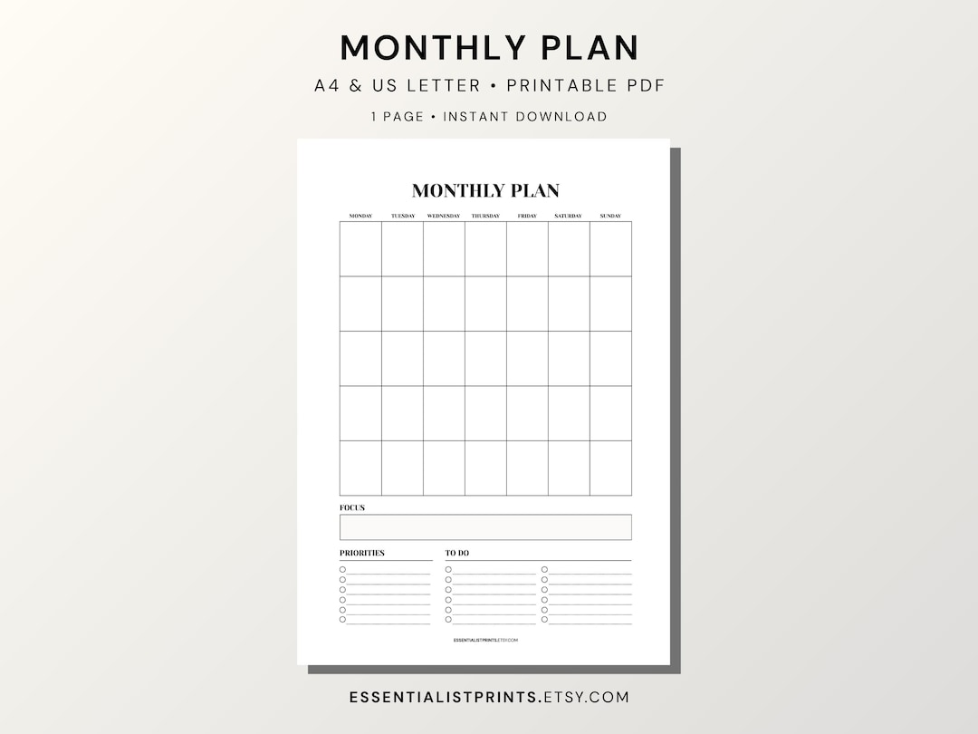 Minimal Monthly Planner Printable | Undated Monthly Calendar | To-do ...
