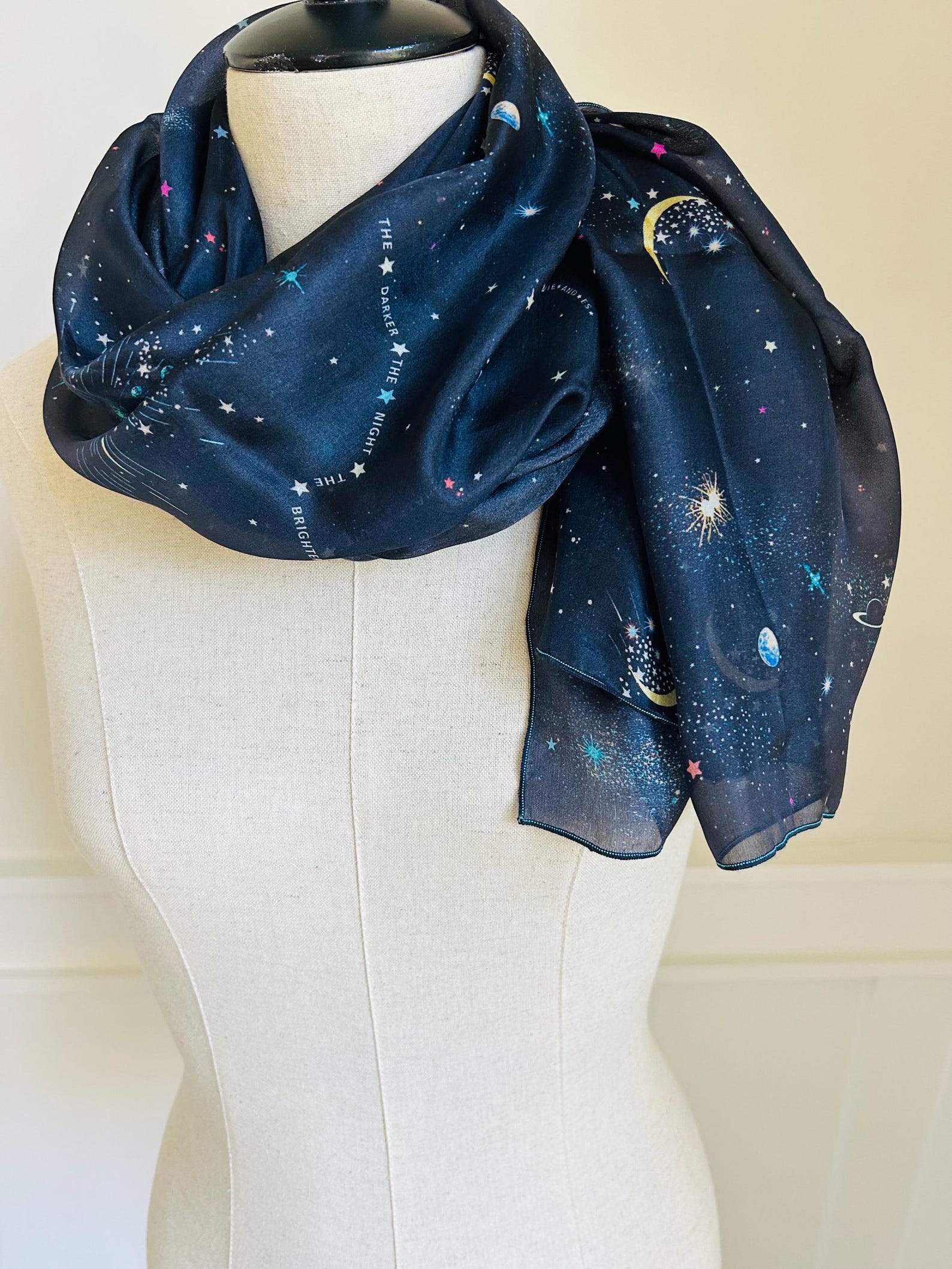 Cosmos Scarf, Silk Scarf With Moon and Stars, Constellation Scarf ...