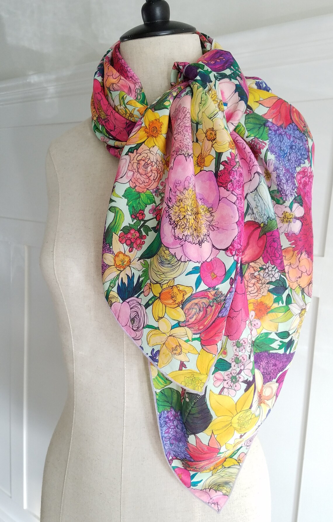 Scarf With Spring Flowers, Floral Scarf, Spring Scarf, Silk Scarf With ...