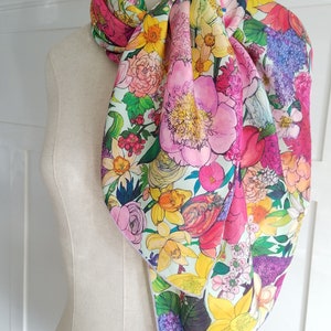 Scarf With Spring Flowers, Floral Scarf, Spring Scarf, Silk Scarf With ...