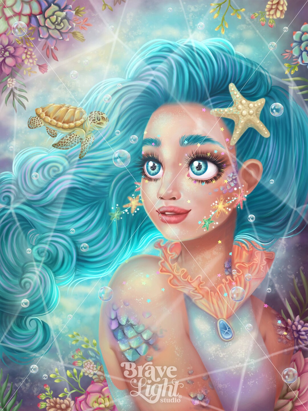 PHYSICAL PRINT SIGNED 9x12 Pop Surrealism Mermaid Larimar Blue Turtle ...