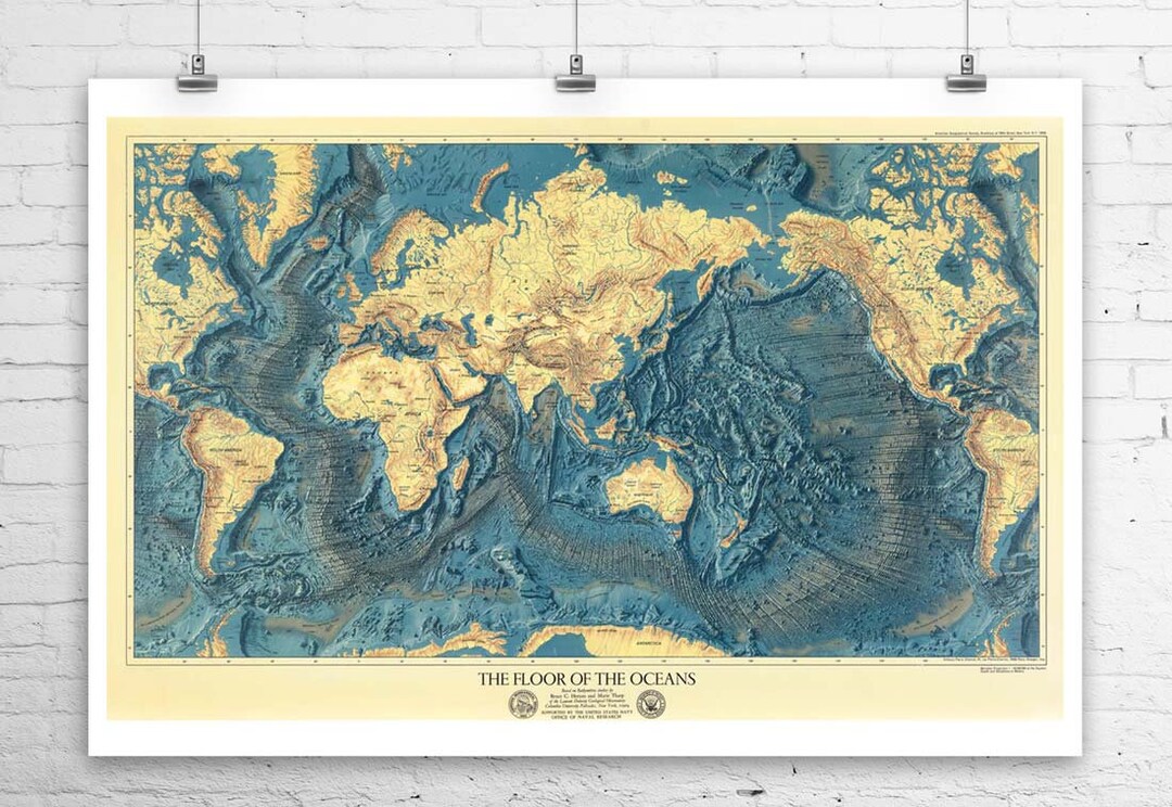 The Ocean Floors Naval World Map Fine Art Giclee Print on Premium ...