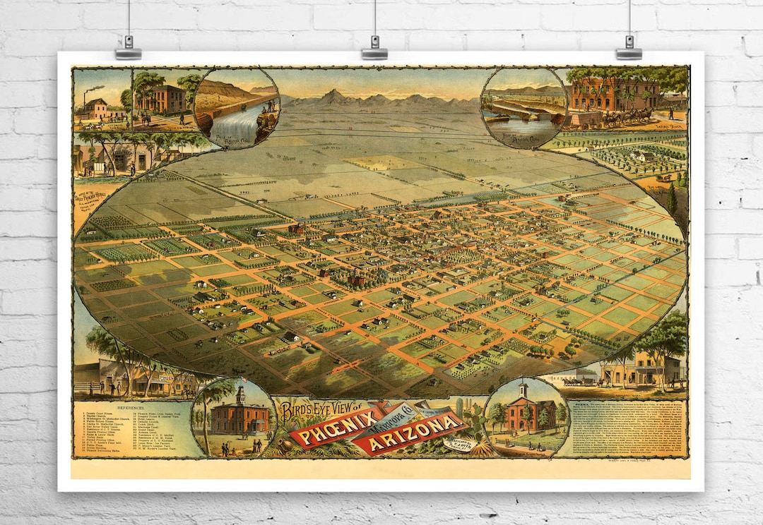 Phoenix Arizona 1885 Birds Eye City Map Fine Art Giclee Print on ...