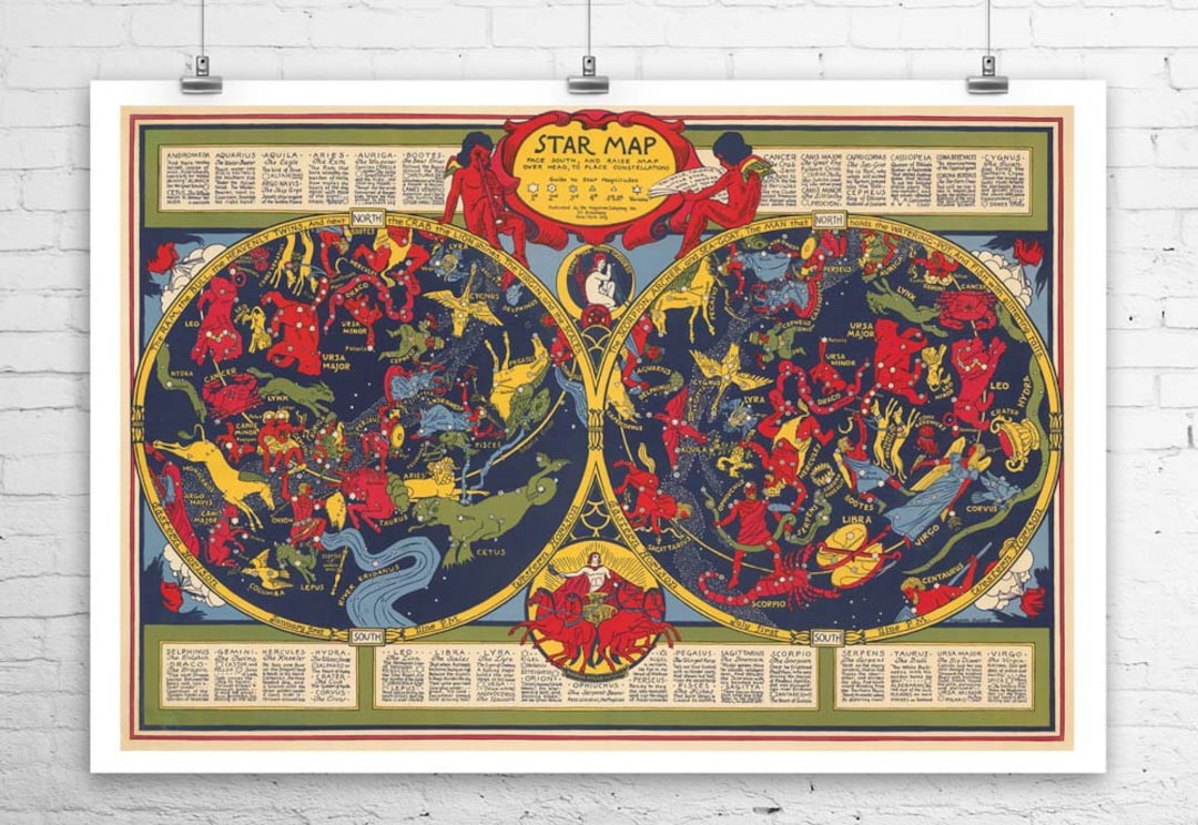 Star Map 1920 Antique Astrology Map Fine Art Giclee Print on Premium ...