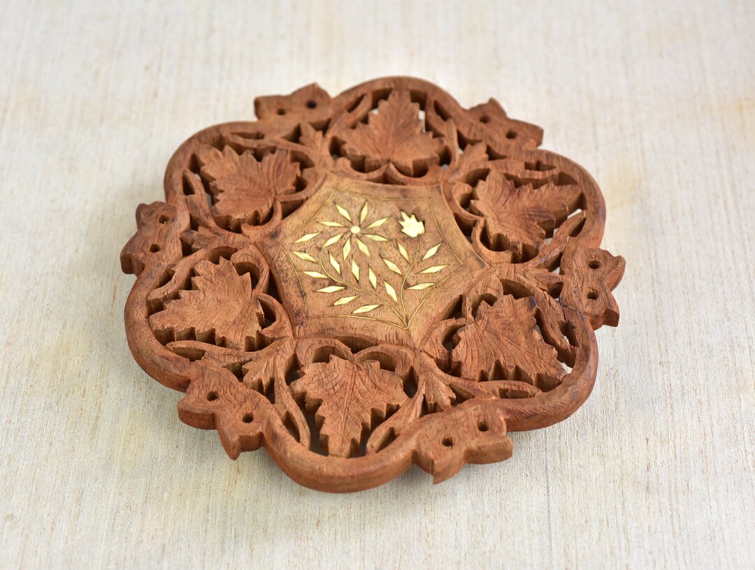 Vintage,carved,wooden,trivet,1970s,plant Stand,floral Inlay,india ...
