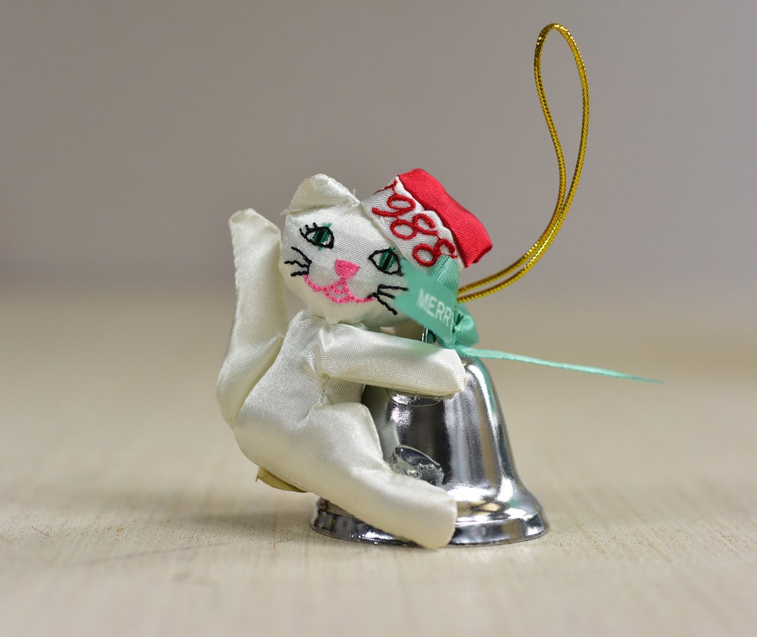 Vintage,1988,santa,white Cat,bell,christmas Ornament,russ,satin Cat ...