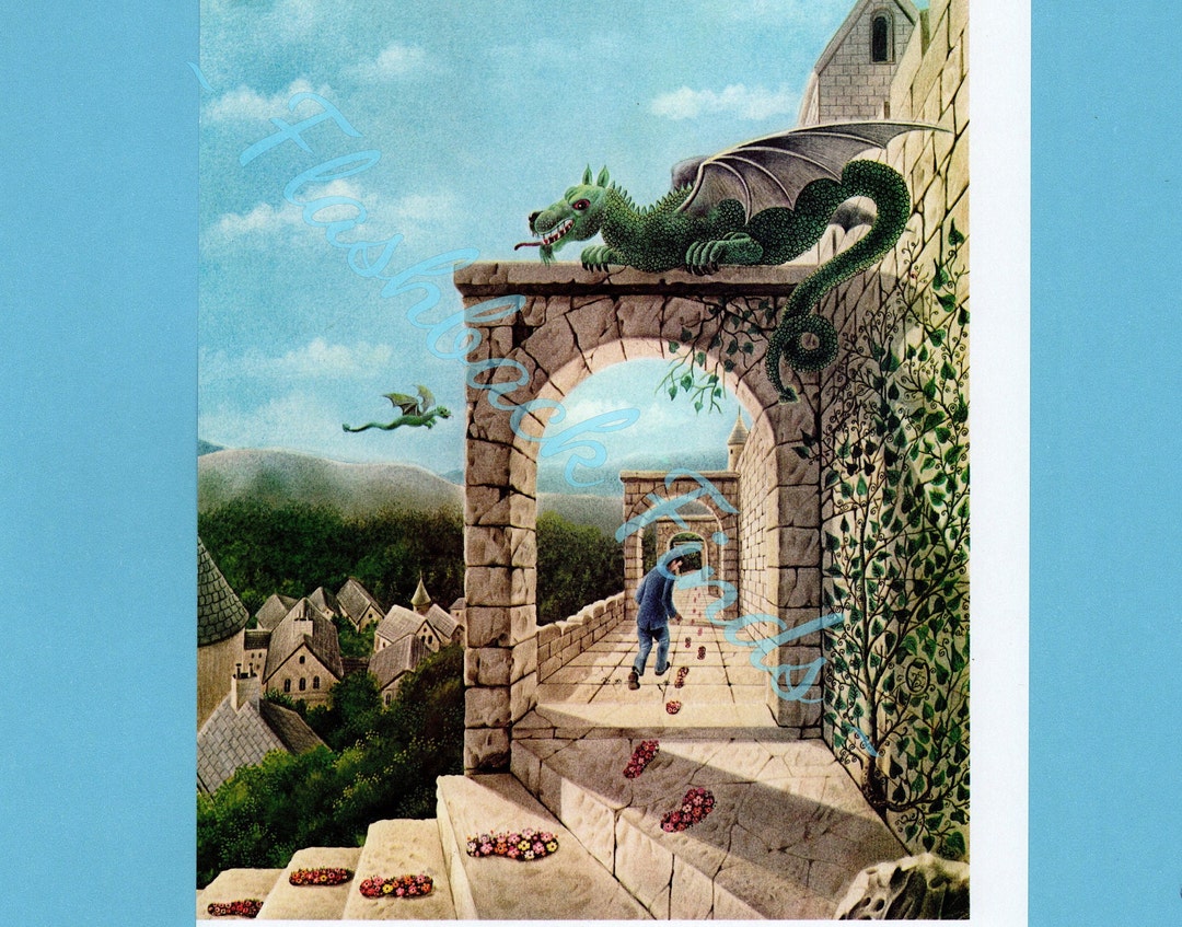 Fantasy Medieval Dragon Art Print/ Surrealist Old England, the ...