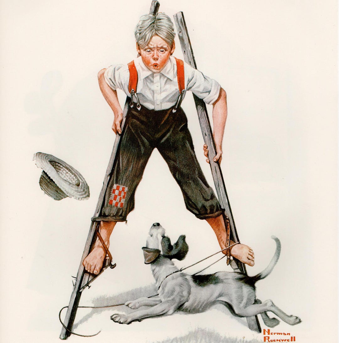 Boy Stilt Walker Norman Rockwell Print/ Large Boy & Dog Playing Graphic ...
