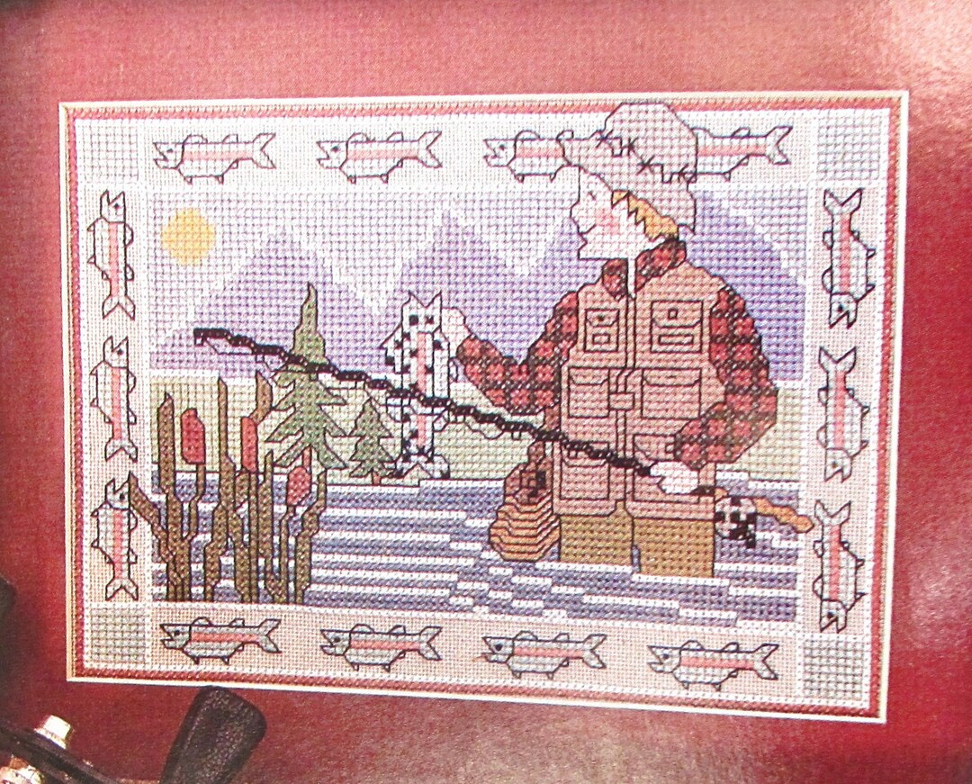 Trout Fly Fishing Cross Stitch Pattern/ Fsiherman With Fish & Rod ...