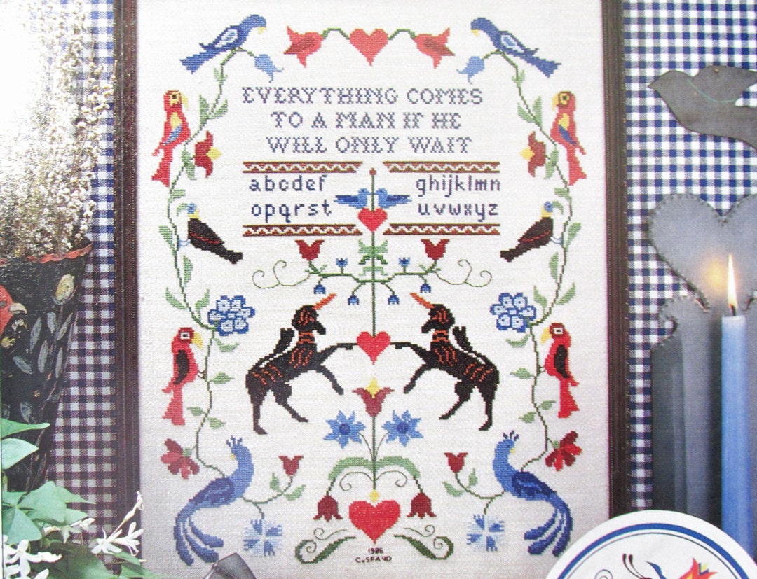 Pennsylvania Dutch Cross Stitch Sampler Pattern With Birds, Unicorn ...