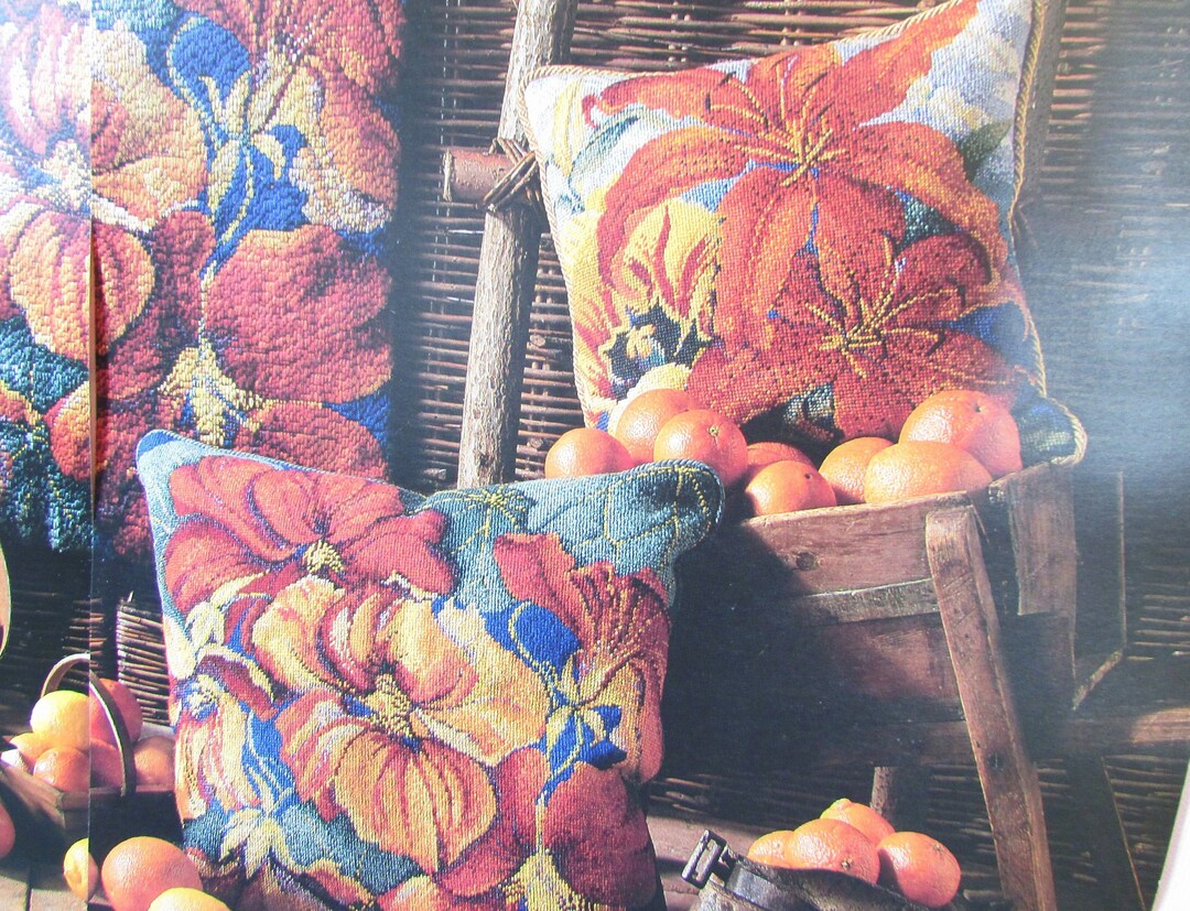 Lilies & Nasturtiums Needlepoint Tapestry Pillow Pattern Set/ Bright ...