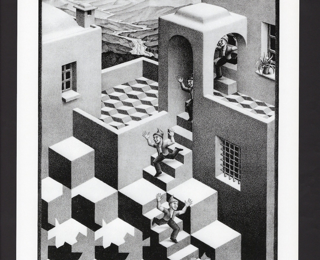 MC Escher Cycle Art Print/ Modern Relativity, Optical Illusion Drawing ...