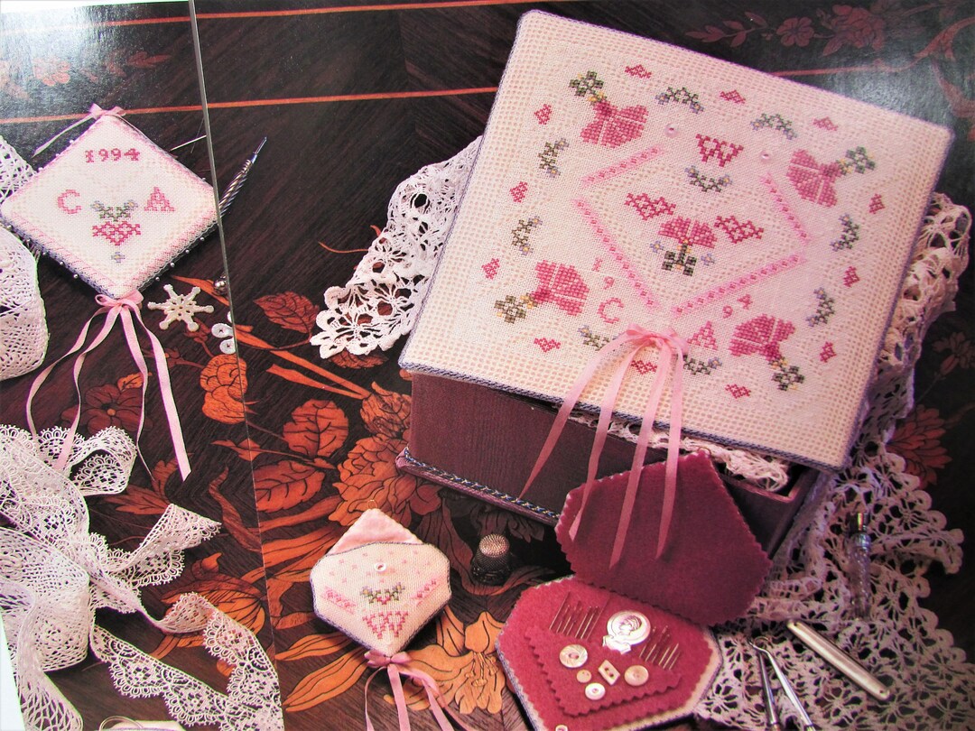 Pink Flowers Sewing Box Cross Stitch Pattern Set/ Victorian Needlework ...