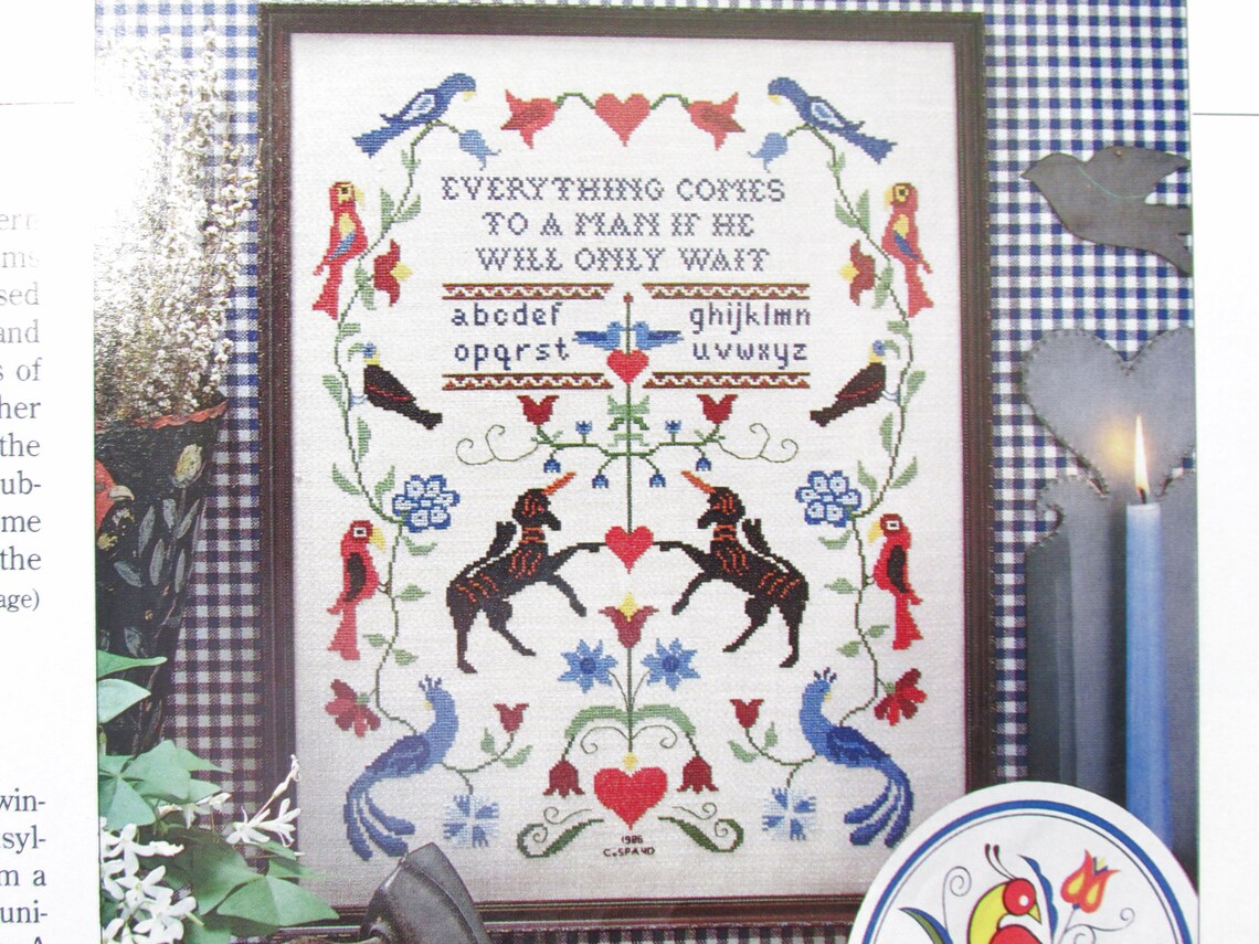 Pennsylvania Dutch Cross Stitch Sampler Pattern With Birds, Unicorn ...