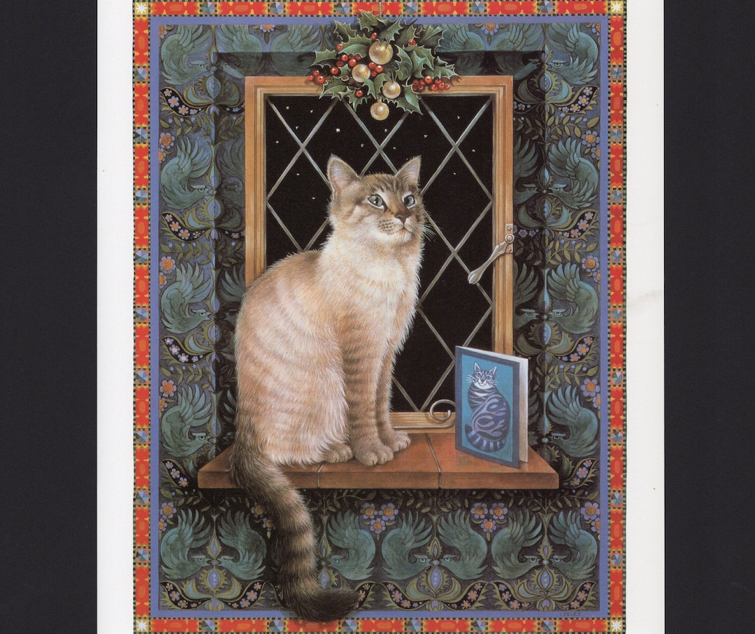 Striped Siamese Cat Art Print/ Mau Mau, Christmas Card by Window for ...