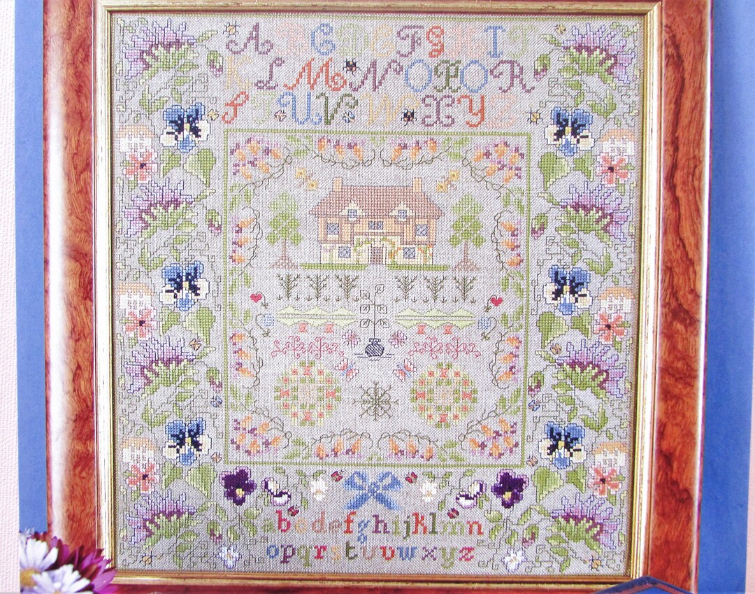 Country Home & Pansies Cross Stitch Sampler Pattern/ English Counted ...
