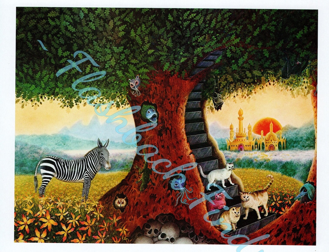 Surrealist Zebra & Cats in a Tree Art Print/ Fantasy Staircase in Tree ...