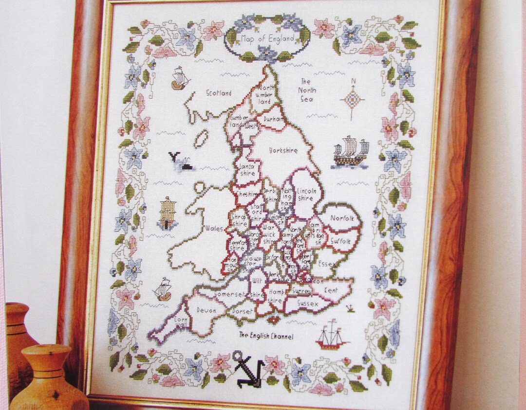 Map of England Cross Stitch Sampler Pattern/ 1800's Antique Style ...