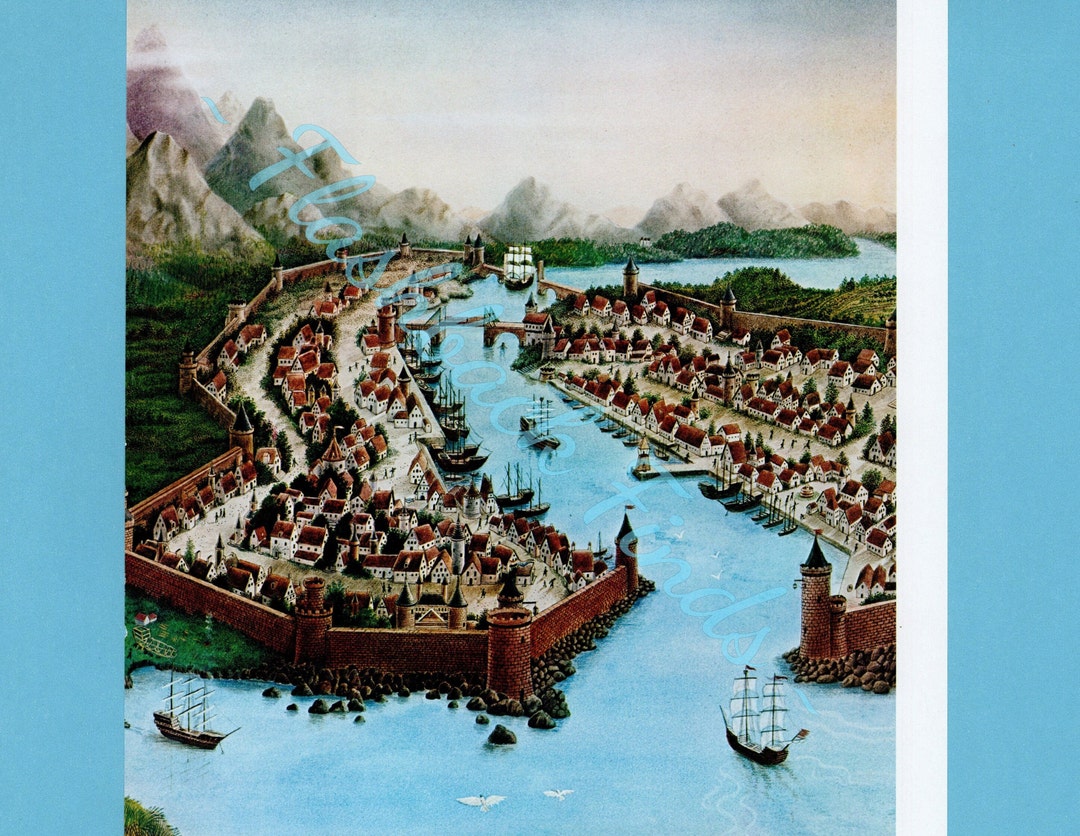Fantasy Medieval Fort, Tall Ship Art Print/ Surrealist Old England ...