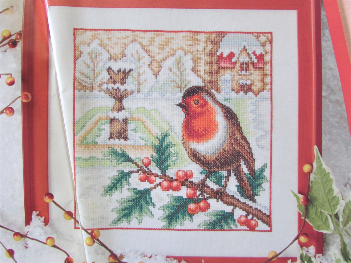 Winter Robin in Snow Cross Stitch Pattern/ Snowbird & Christmas Holly ...