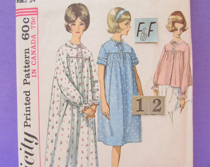 1950's Yoked Nightgown, Bed Jacket Sewing Pattern/ Simplicity 5193 ...