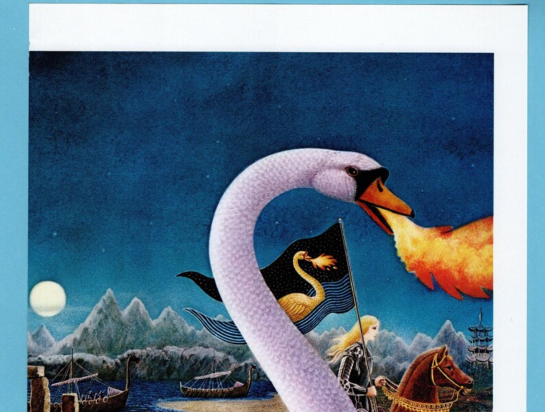 Surrealist Fire Breathing Swan Art Print/ Fantasy Knight Horse, Merlins ...