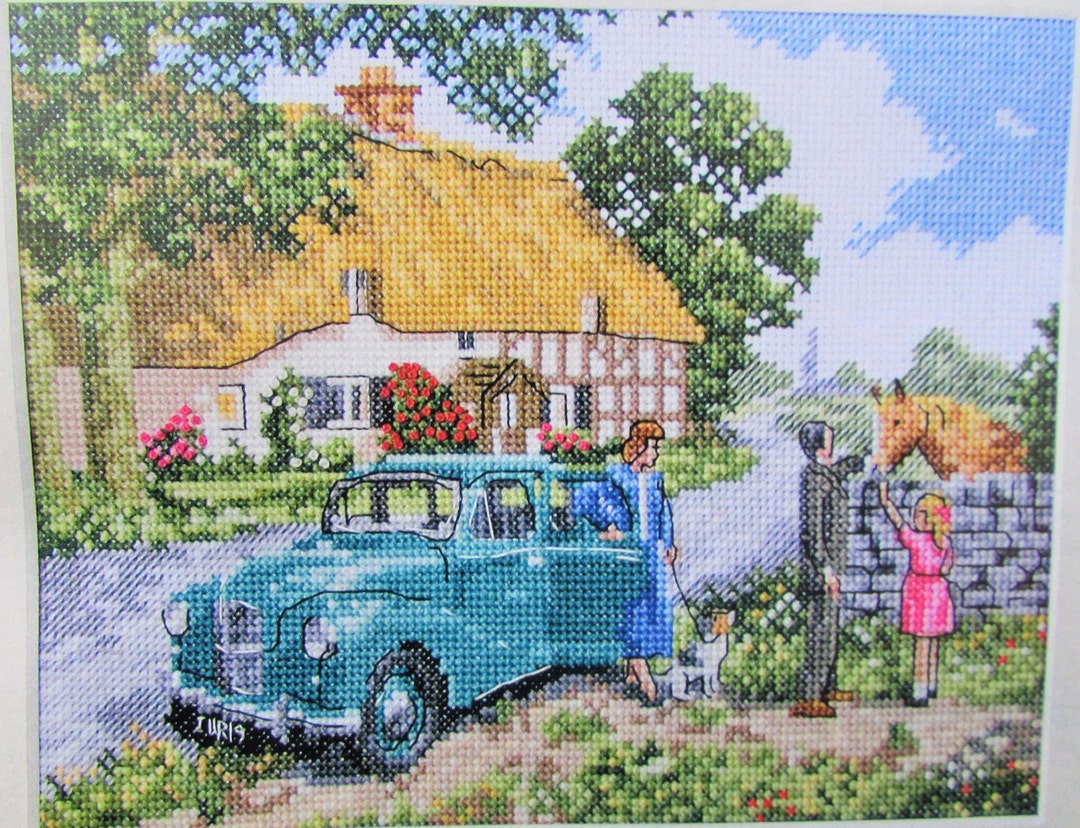 English Cottage, Countryside Cross Stitch Pattern/ Old Car & Thatched ...