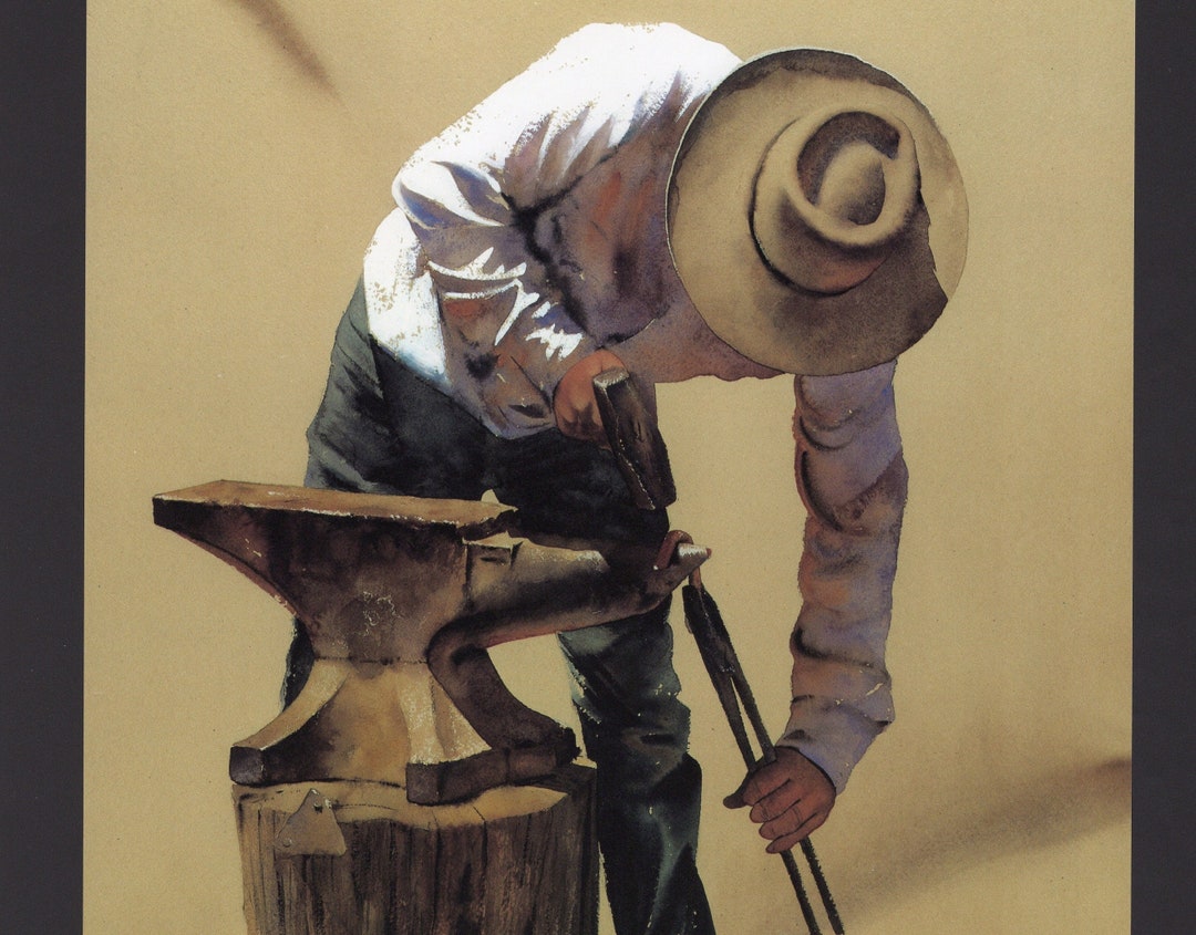 Western Cowboy Working at Anvil Art Print/ Randy Stowell Watercolor ...