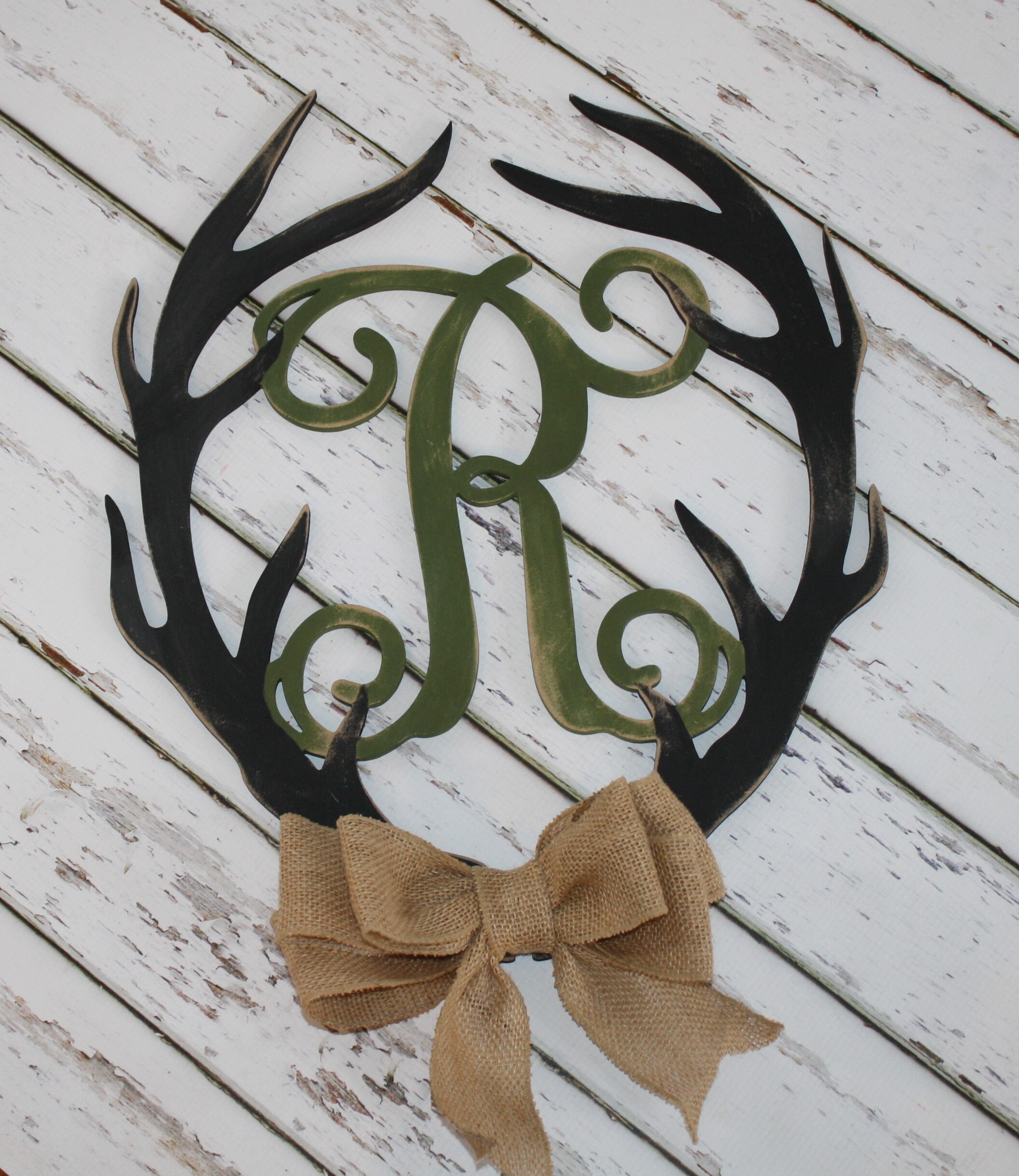 Wood Antler Initial Door Wall Hanging Monogram Deer Antler Etsy