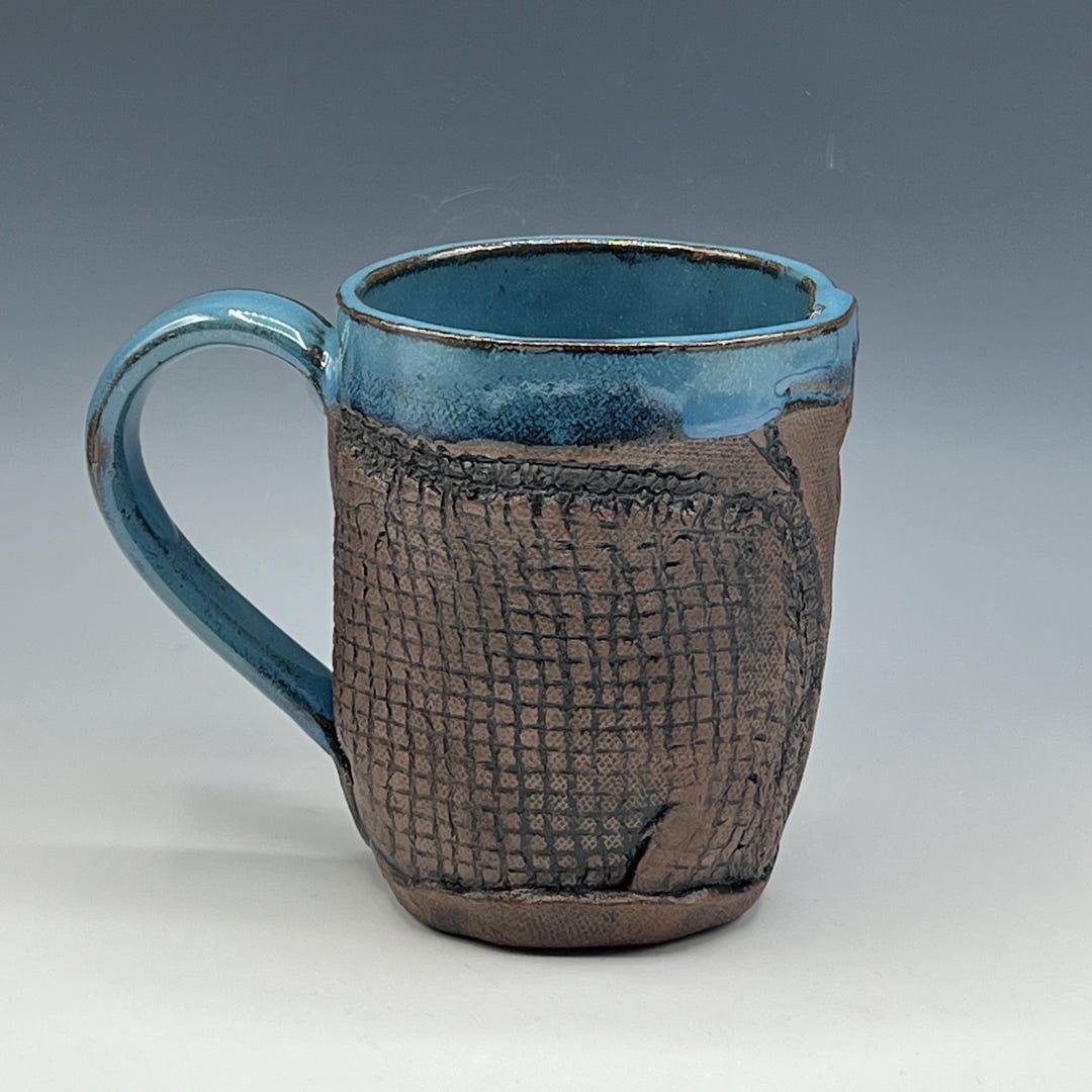 Hand-built Mug With Leather-like Surface and Light Blue Glaze - Etsy