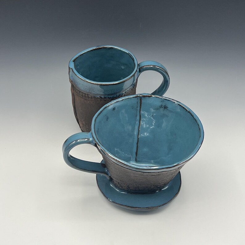 Hand-built Mug With Leather-like Surface and Light Blue Glaze - Etsy