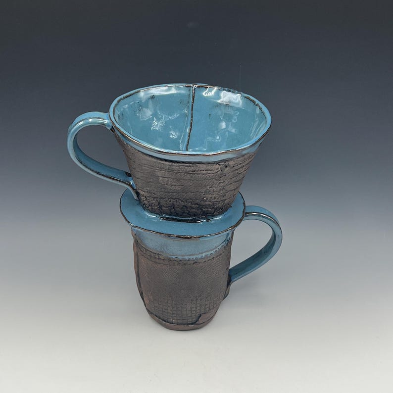 Hand-built Mug With Leather-like Surface and Light Blue Glaze - Etsy