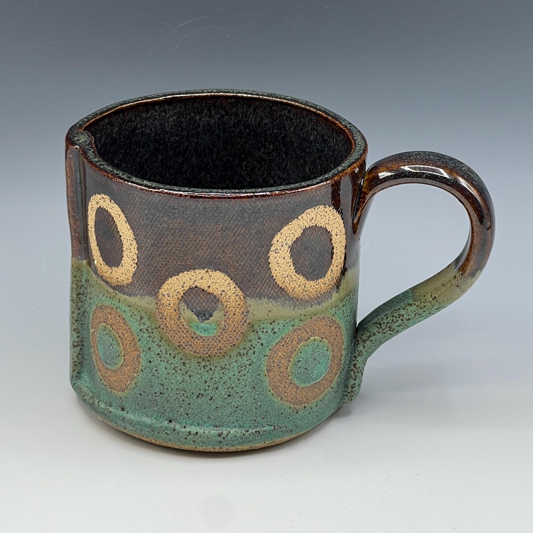 Hand-built Mug With Brown and Patina Green Glaze and Wax Resist Circles ...