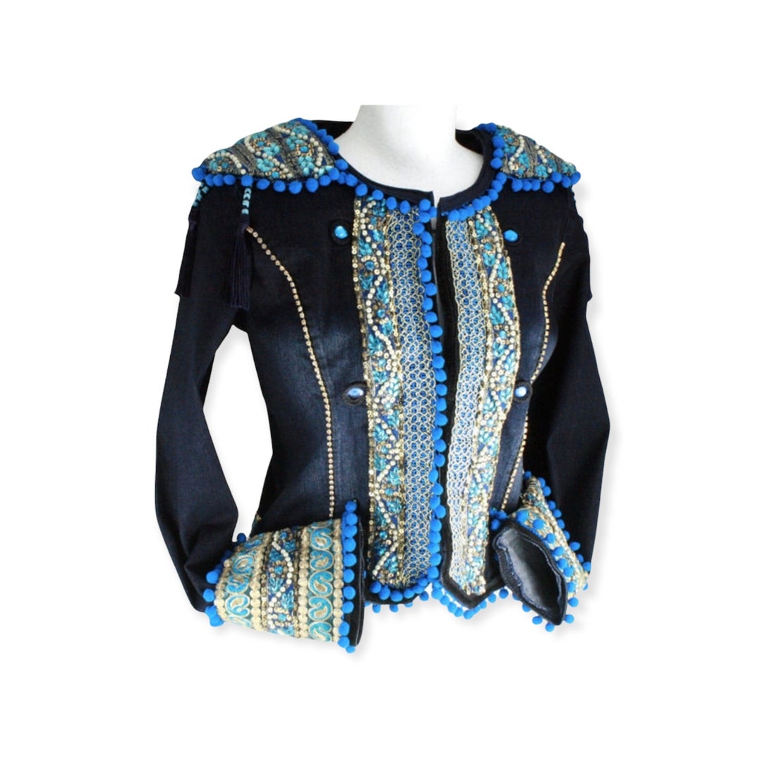 Decorated Blue Denim Jacket / Blue Jacket / Navy Blue and Turquoise ...