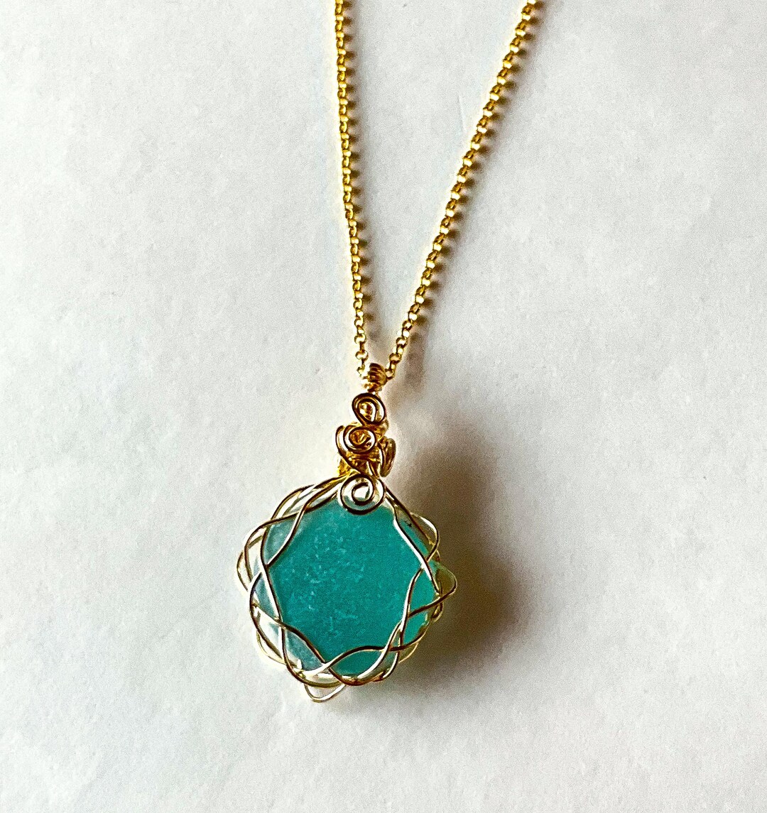 Aqua Sea Glass Necklace Wire Wrapped With Gold Filled Wire, Sea Glass ...