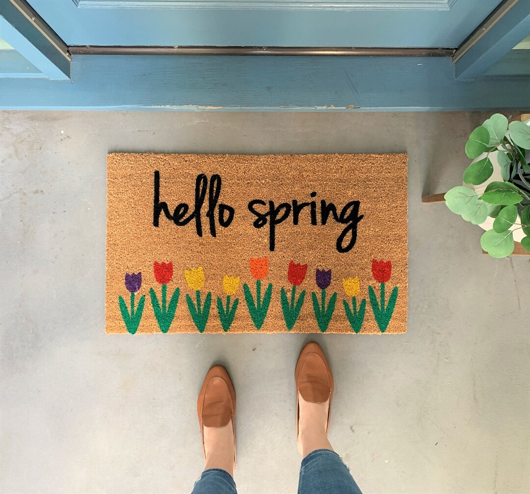 Flower Doormat, Hello Spring Welcome Mat, Front Porch Decor, New Home ...