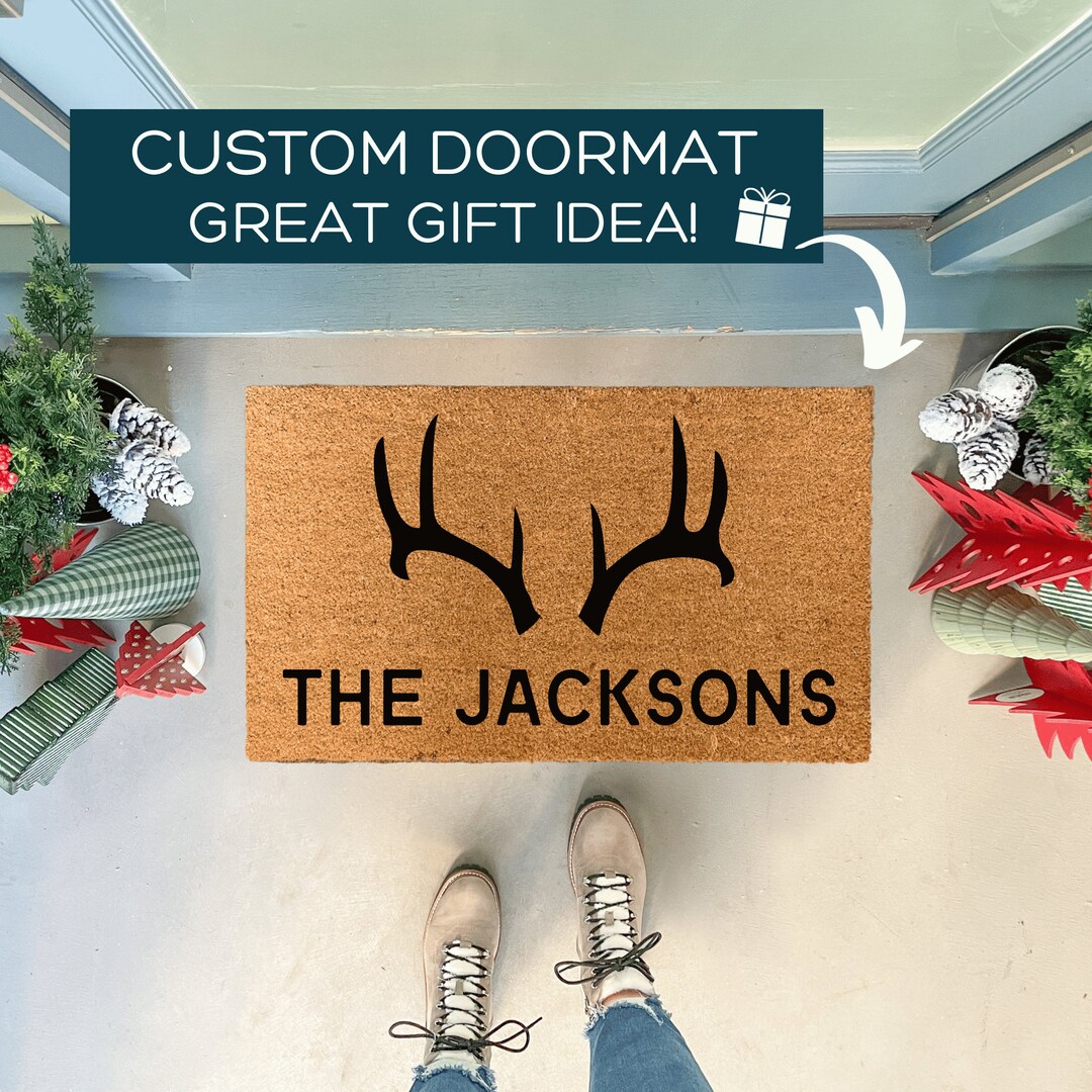 Antler Doormat Custom, Winter Doormat Outdoor, Last Name Doormat ...