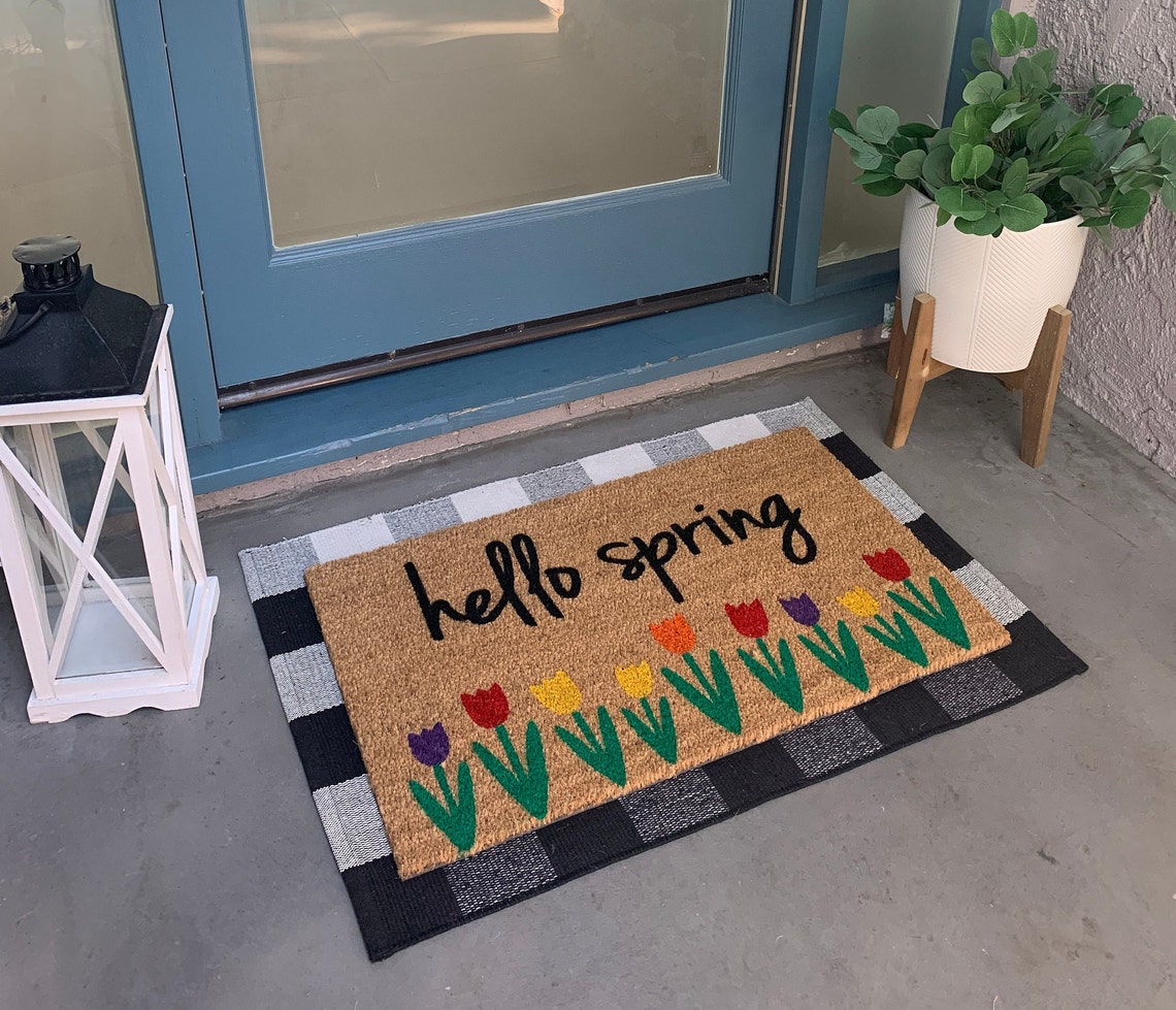 Flower Doormat Hello Spring Welcome Mat Front Porch Decor | Etsy