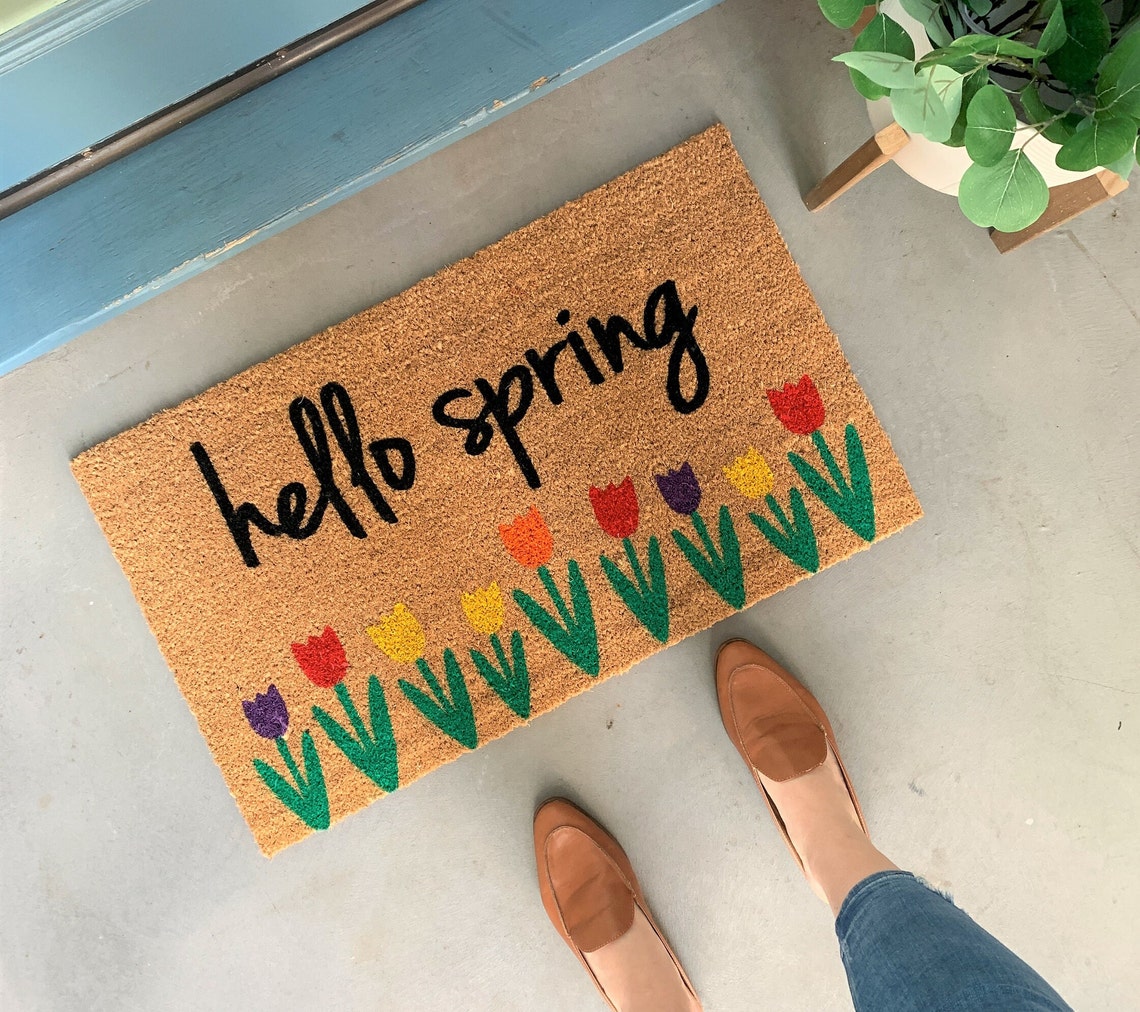 Flower Doormat Hello Spring Welcome Mat Front Porch Decor | Etsy