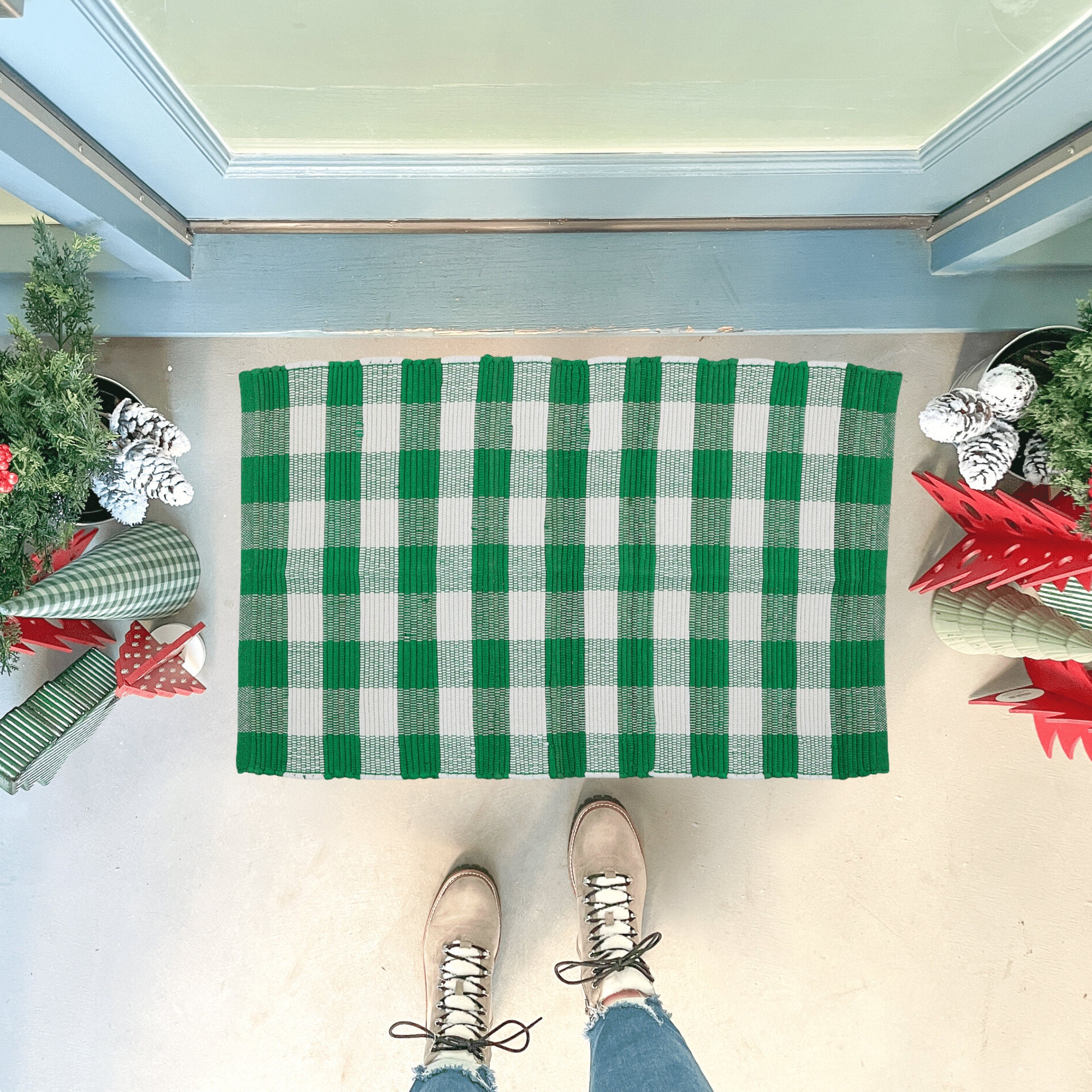 Green Buffalo Plaid Rag Rug Entryway Rug Doormat Layering - Etsy